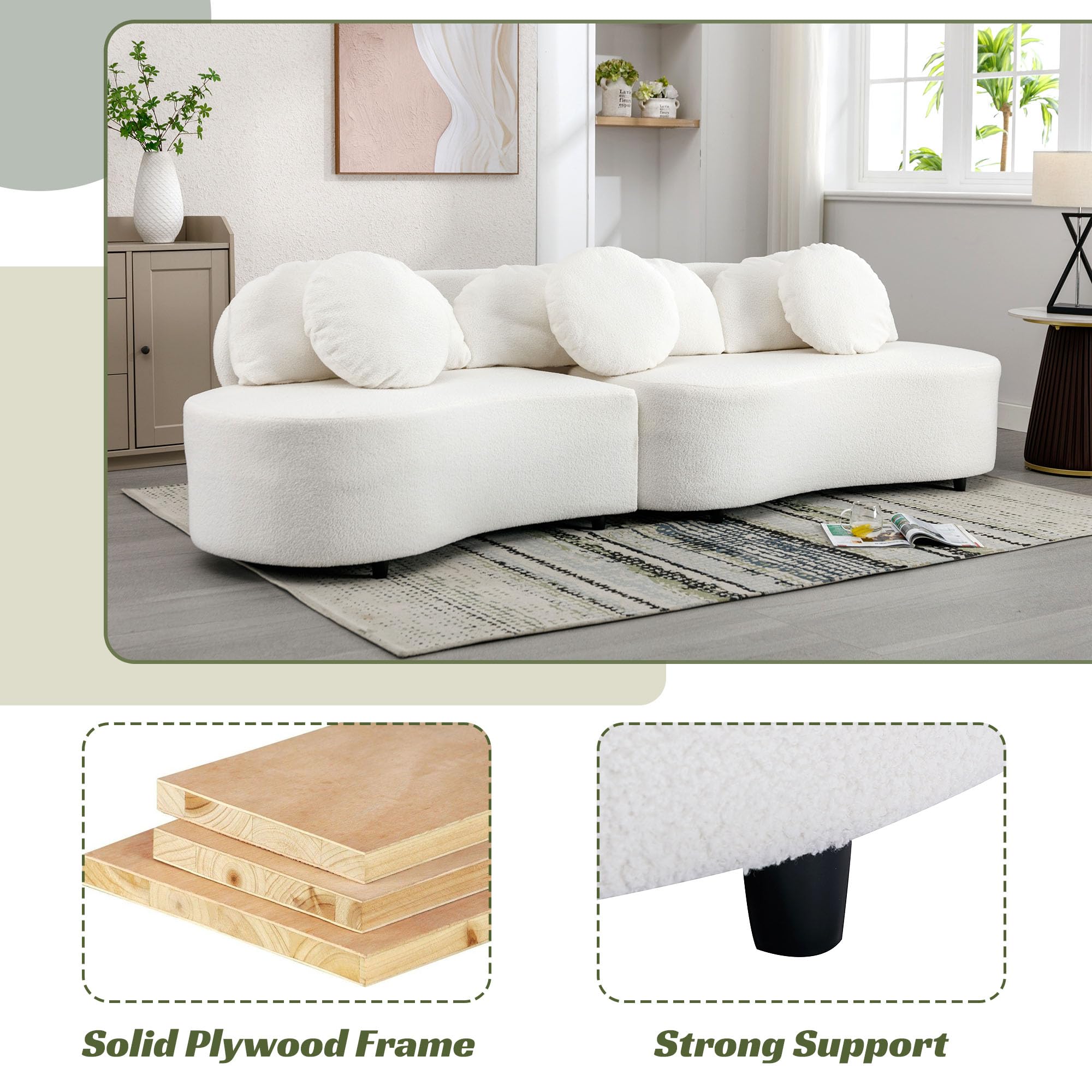 DREAMODERN 103.9" Upholstered Sofa Couch, Modern Lamb Velvet Sectional Curved Couch with 3 Pillows for Living Room, Home or Office - Beige