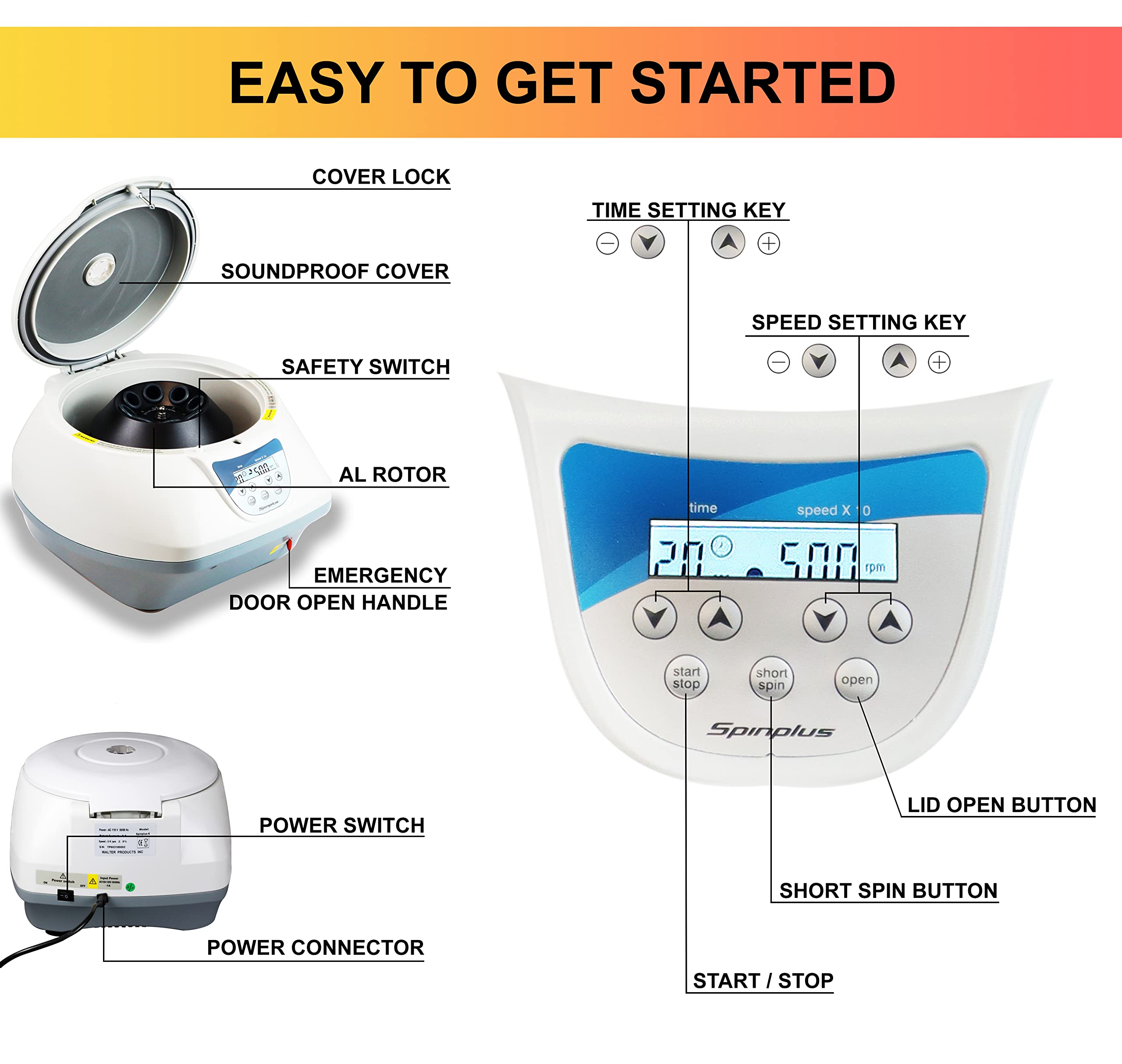 Jackson Global JS-TC-SPINPLUS-8 Digital Bench-top Centrifuge | 400-5000rpm (Max. 3074xg) | LCD Display | Includes 15ML X 8 Rotor