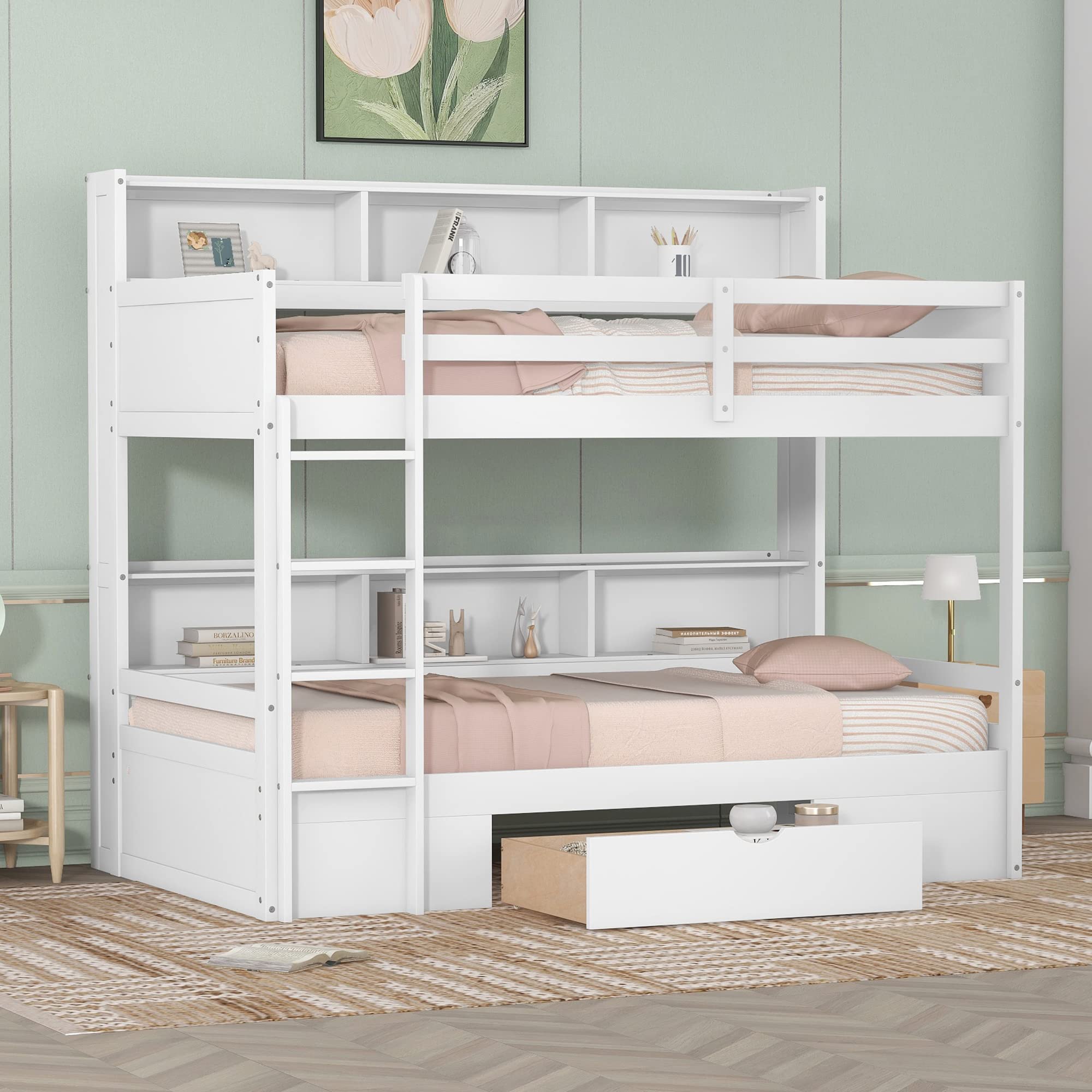 BIADNBZ Twin Over Twin Bunk Bed with Storage Drawer and Built-in Shelves Beside Both Upper and Down Bedframe, for Kids Teens Adults Bedroom, White