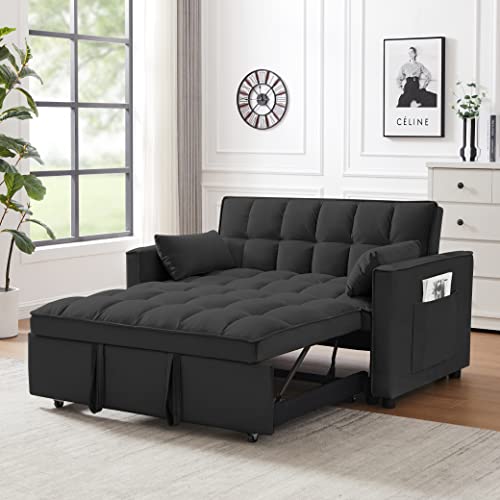 DHHU 52" Sleeper Couch Pull Out Bed, Velvet Convertible Sofa Bed, Loveseat Couch with Toss Pillows and Pockets for Living Room Furniture