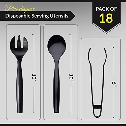 Disposable Plastic Serving Utensils Set - 18 Pack for Parties and Events - Heavy Duty Plastic - Black 10" Spoons, Forks, and 6" Tongs - Perfect for Serving - Great Value