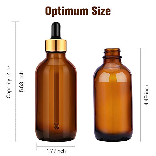 PrettyCare Eye Dropper Bottles 4 oz 4 Pack (Glass Bottles 120ml with Golden Caps, 12 Labels, Funnel & Measured Pipettes) Empty Tincture Bottles for Essential Oils (Amber)