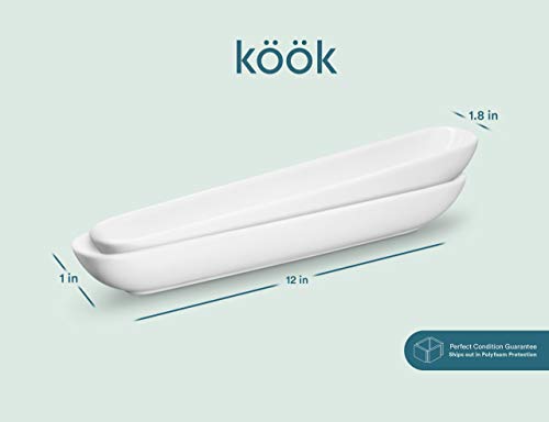 Kook Olive Boat Tray, Ceramic Serving Dish, Narrow Canoe for Charcuterie Board, Cheeses and Appetizers, Dishwasher Safe, 12β, Set of 2, White