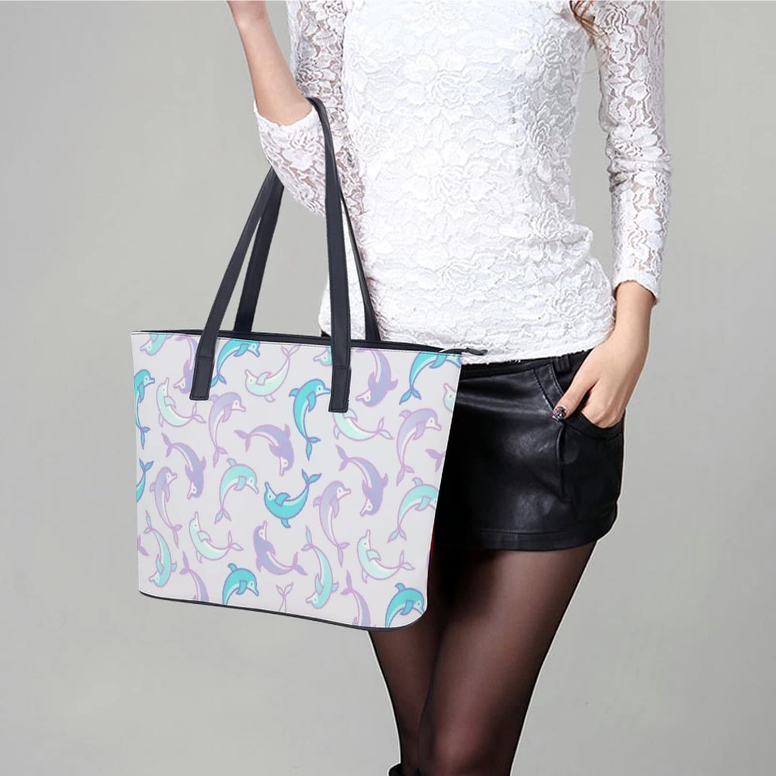 Dolphin Jumping Purple Blue Women's Tote Bag PU Leather Shoulder Bag Handbags Purse For Work Shopping Travel