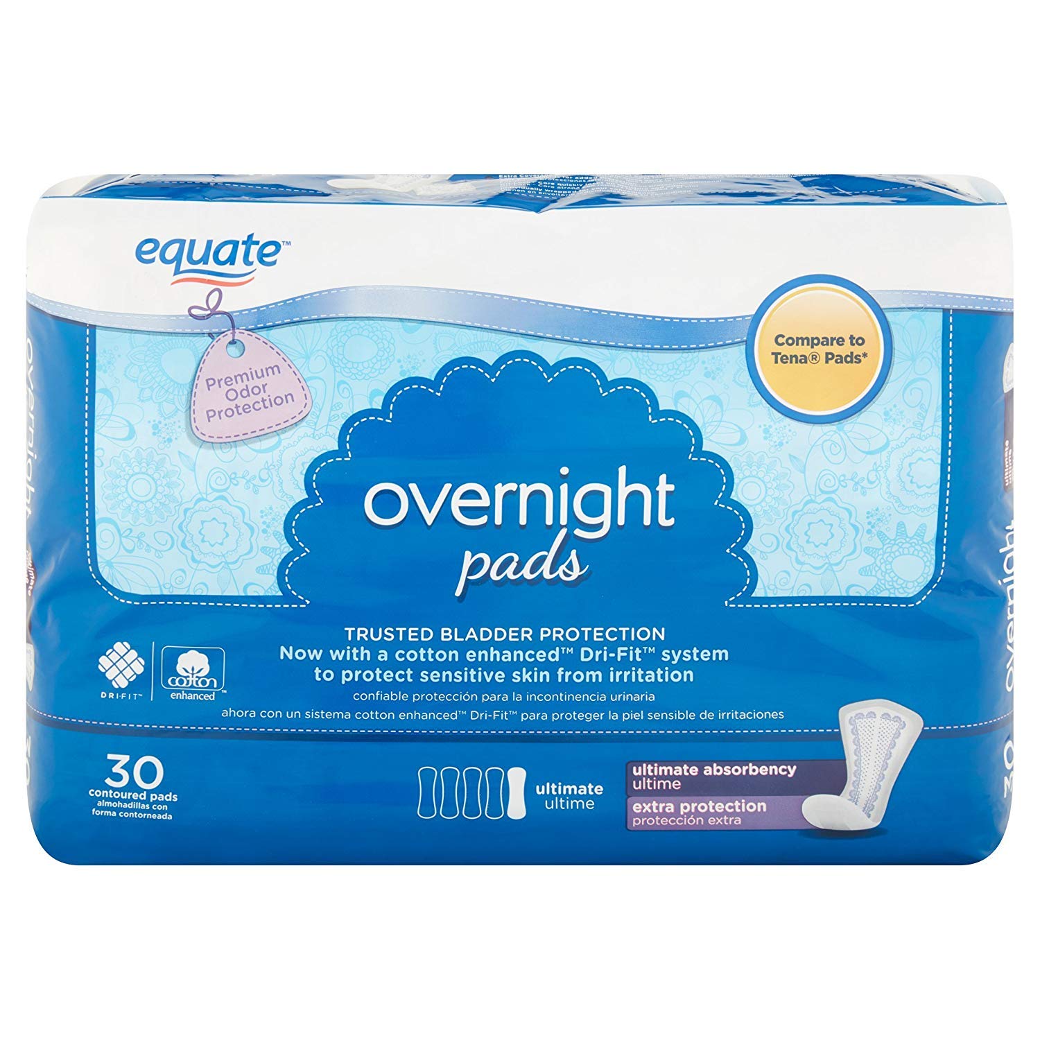 Equate Overnight Ultimate Absorbency Pads, 30 Count
