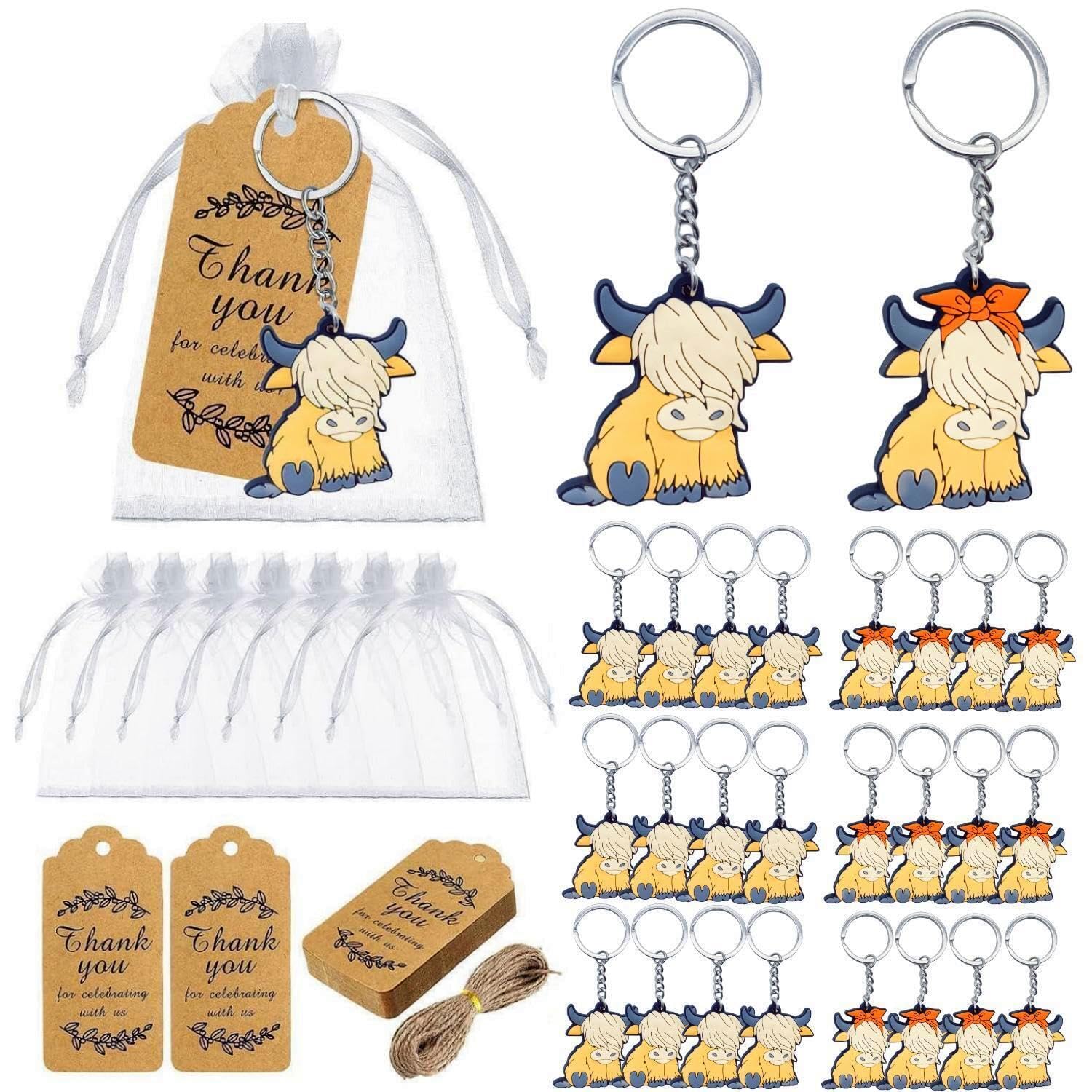 XLENGO 72 Pack Highland Cow Party Return Favors with 24 Highland Cow Keychains, 24 Thank You Tags and 24 Gift Bags for Baby Shower Birthday, Carnival Rewards, Cow Party Favors