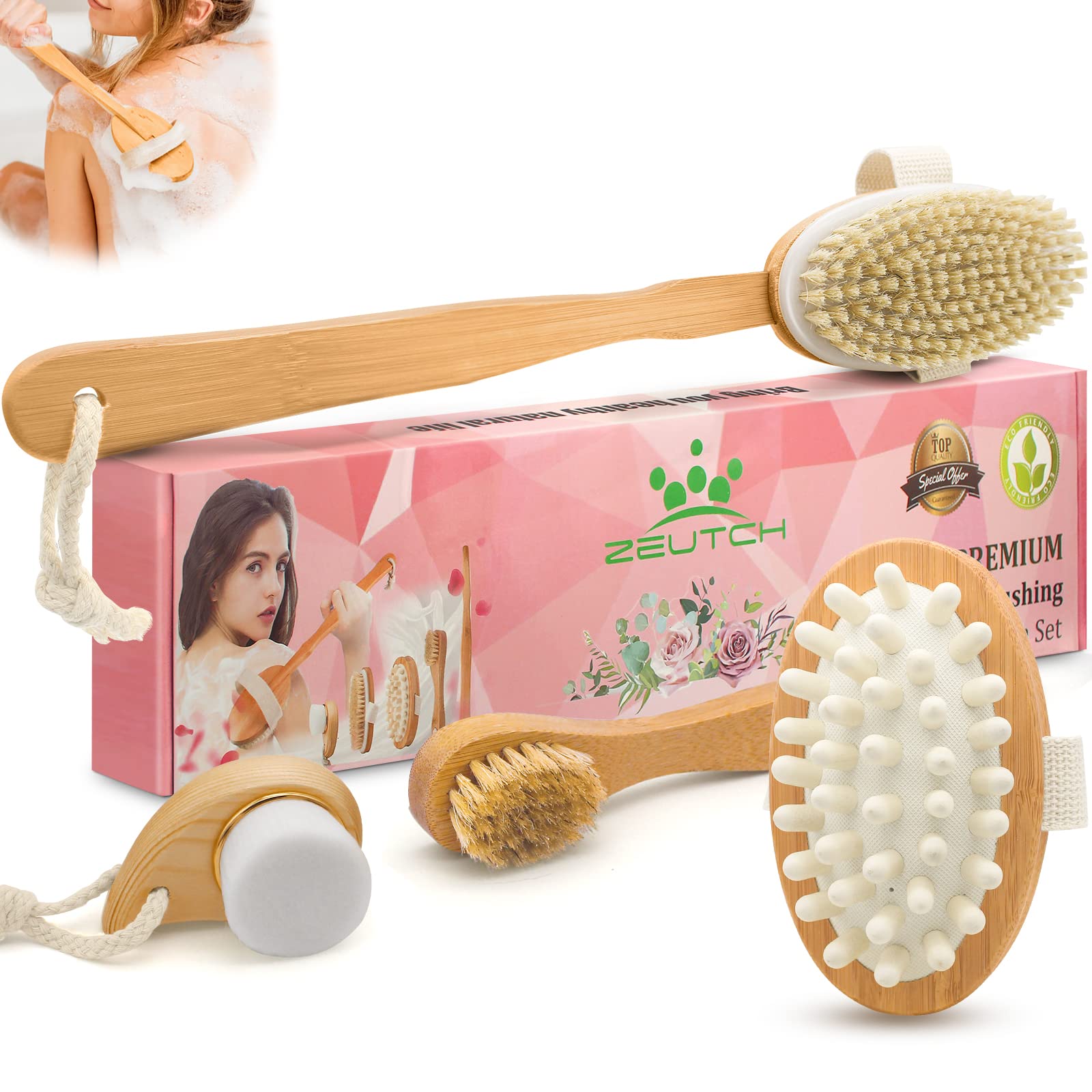 Premium Dry Brushing Body Brush Set for Lymphatic Drainage and Cellulite Treatment, Boar Bristle Long Handle Face Cleansing Brush for A Glowing Skin, 5 Pack