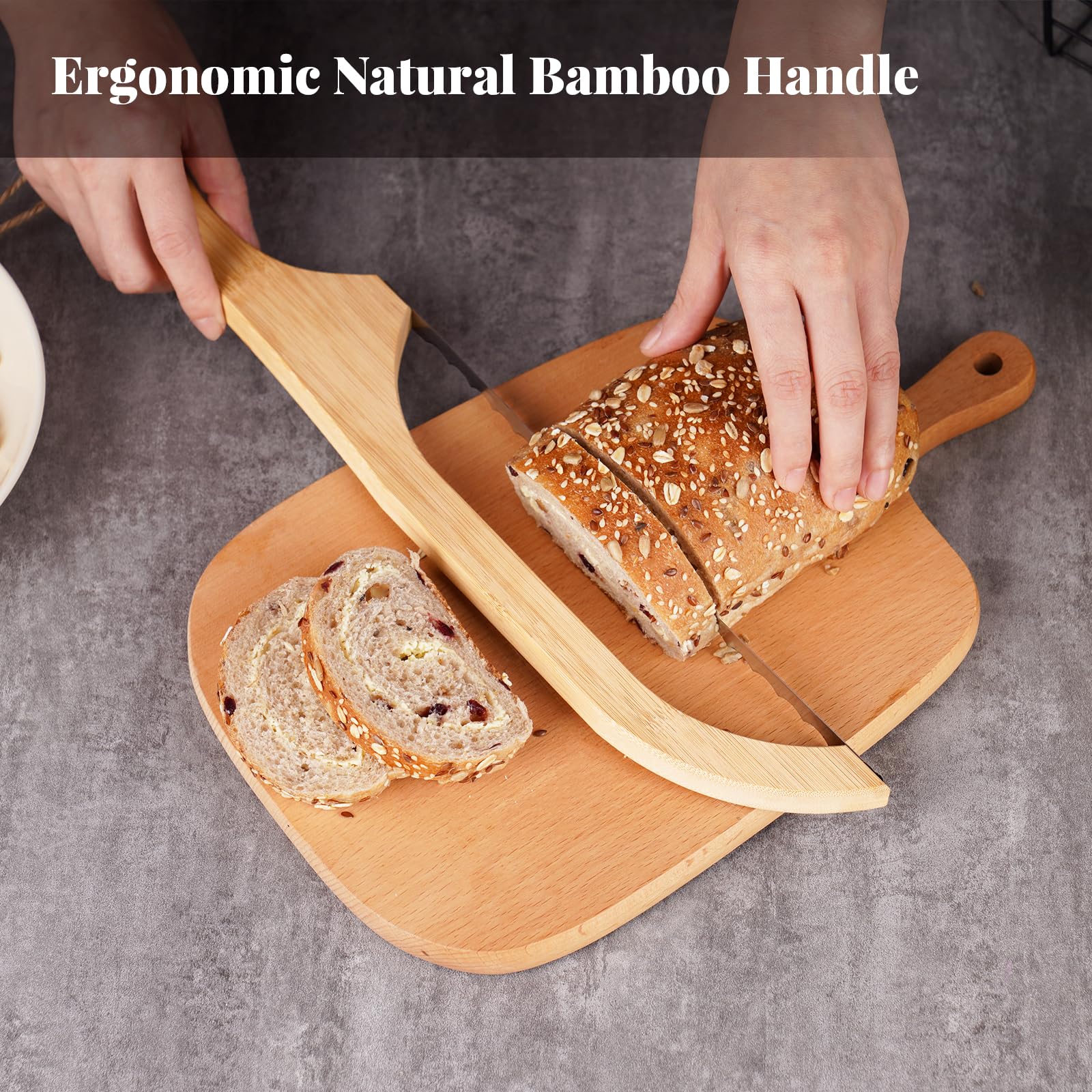 NiHome 15.7" Wooden Bread Bow Knife for Bread, Bagels, Fruits, Ergonomic Bamboo Handle Adjustable for Left or Right-Hand Use, Sharp Stainless-Steel Blade for Precision Slicing, Easy Storage Loop