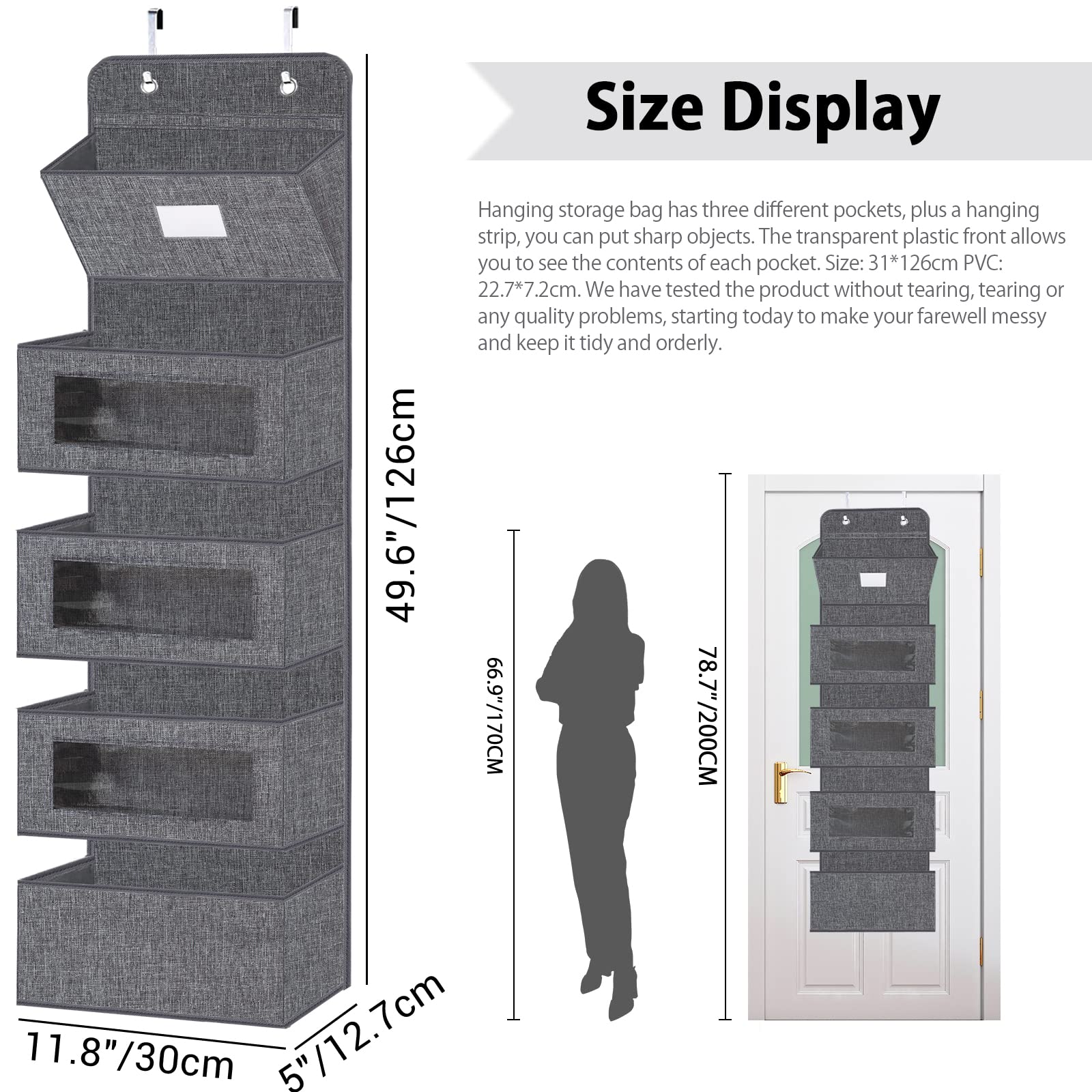 VERONLY Over The Door Organizer, Hanging Pantry Storage - Behind Door Organizer with 4 Large Pocket and a Mail Organizer for Baby, Nursery, Diapers, Clothes, Bedroom(Dark Grey)