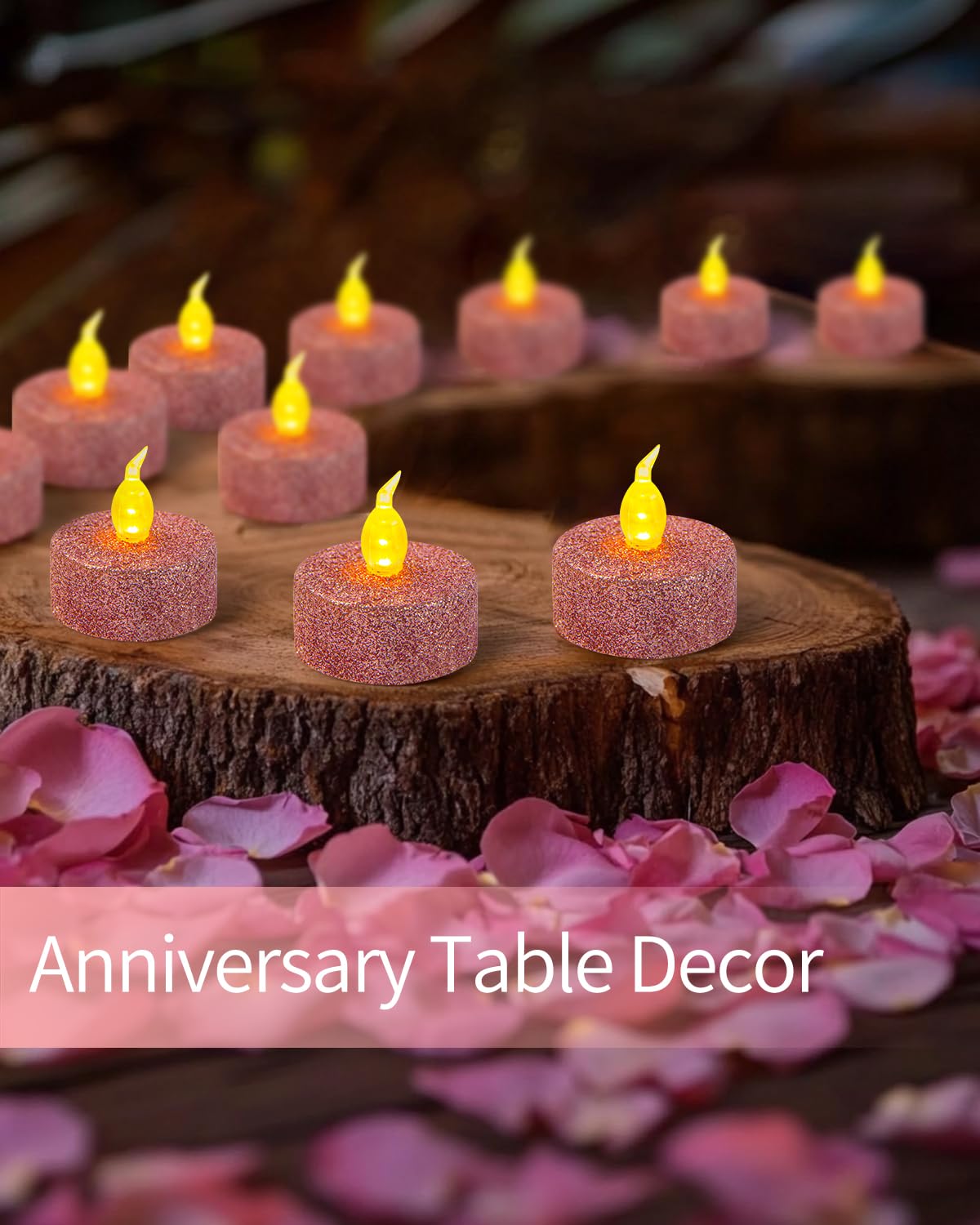 Finecombuy Rose Gold Candles Battery Operated,Glitter Tea Lights with Timer,Flameless Flickering Tealight Led Votive Candles for Home Decor,Wedding,Anniversary