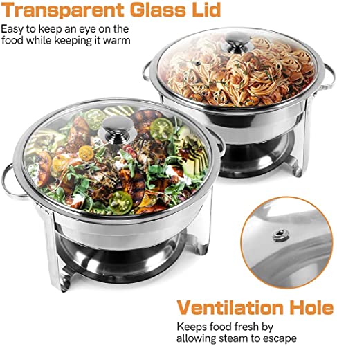 BriSunshine 2 Packs 4 QT Round Chafing Dish Set, Stainless Steel Chafing Dishes for Buffet, Food Warmers with Glass Lid & Holder for Weddings Parties Catering