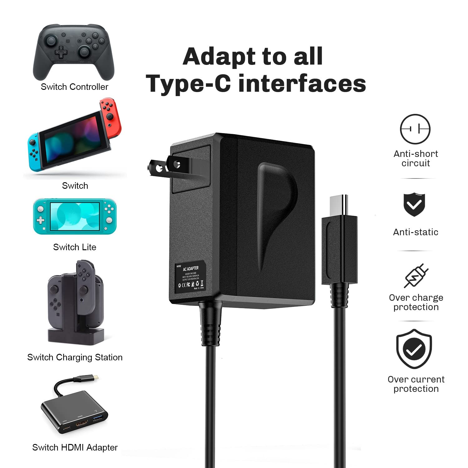 39W Charger for Nintendo Switch, VOYEE AC Adapter Fast Switch Charger Power Supply Compatible with Nintendo Switch/Switch Lite/Switch OLED | Supports TV Mode & Dock Station