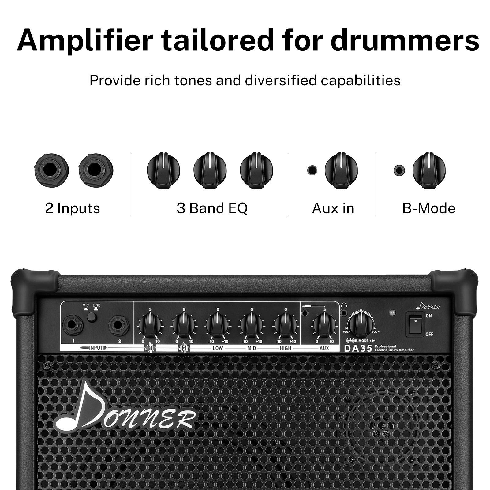Donner DED-400 Electric Drum Set with Electric Drum AMP 35-Watt Electronic Drum Amplifier DDA-35 Keyboard Speaker with Aux in and Wireless audio connection, Drum/Keyboard/MIC 3 in 1 Amplifier with 3-