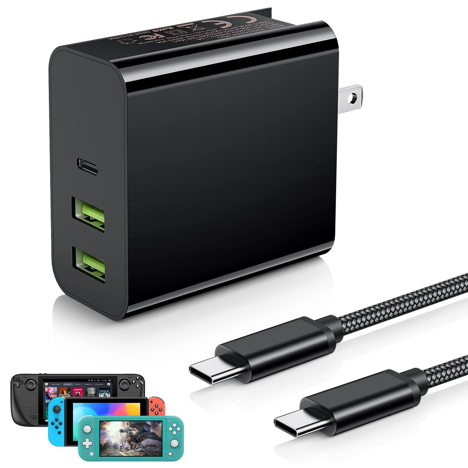 65W USB C Charger for Steam Deck, Fast Compact Foldable Wall Charger Accessories with 3 Ports and 6.6ft USB C Charging Cable for Steam Deck/Tablet/Mobile Phone/Smart Watch/Headphone, etc