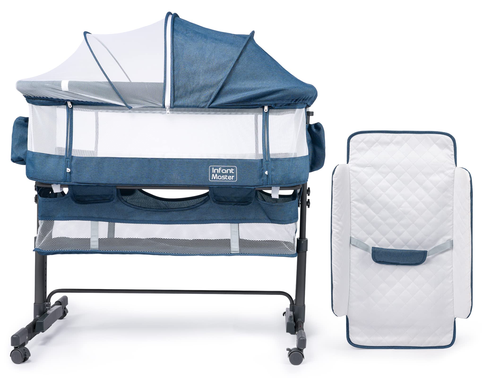 4 in 1 Baby Bassinet, Upgraded Nursery center w/ Diaper Changer, 360° Highly Visible Mesh wall, Comfy Newborn Bassinet with 5 Level Adjustable Height, Portable Baby Travel Crib for baby, Blue