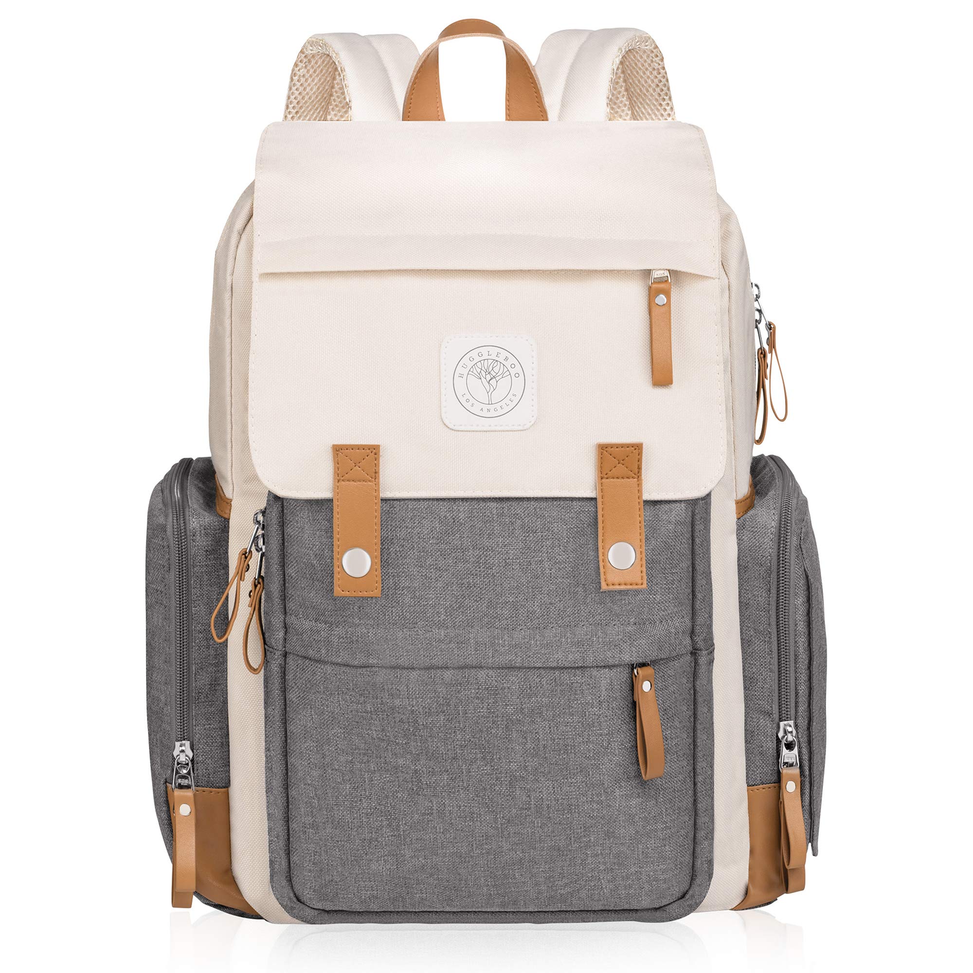 Huggleboo Diaper Backpack - Waterproof Canvas Baby Bag with Wipes Pocket Stroller Straps Changing Pad and Laptop Pocket - Unisex Maternity Travel Nappy Bag for Moms Dads Boys and Girls - Beige/Grey