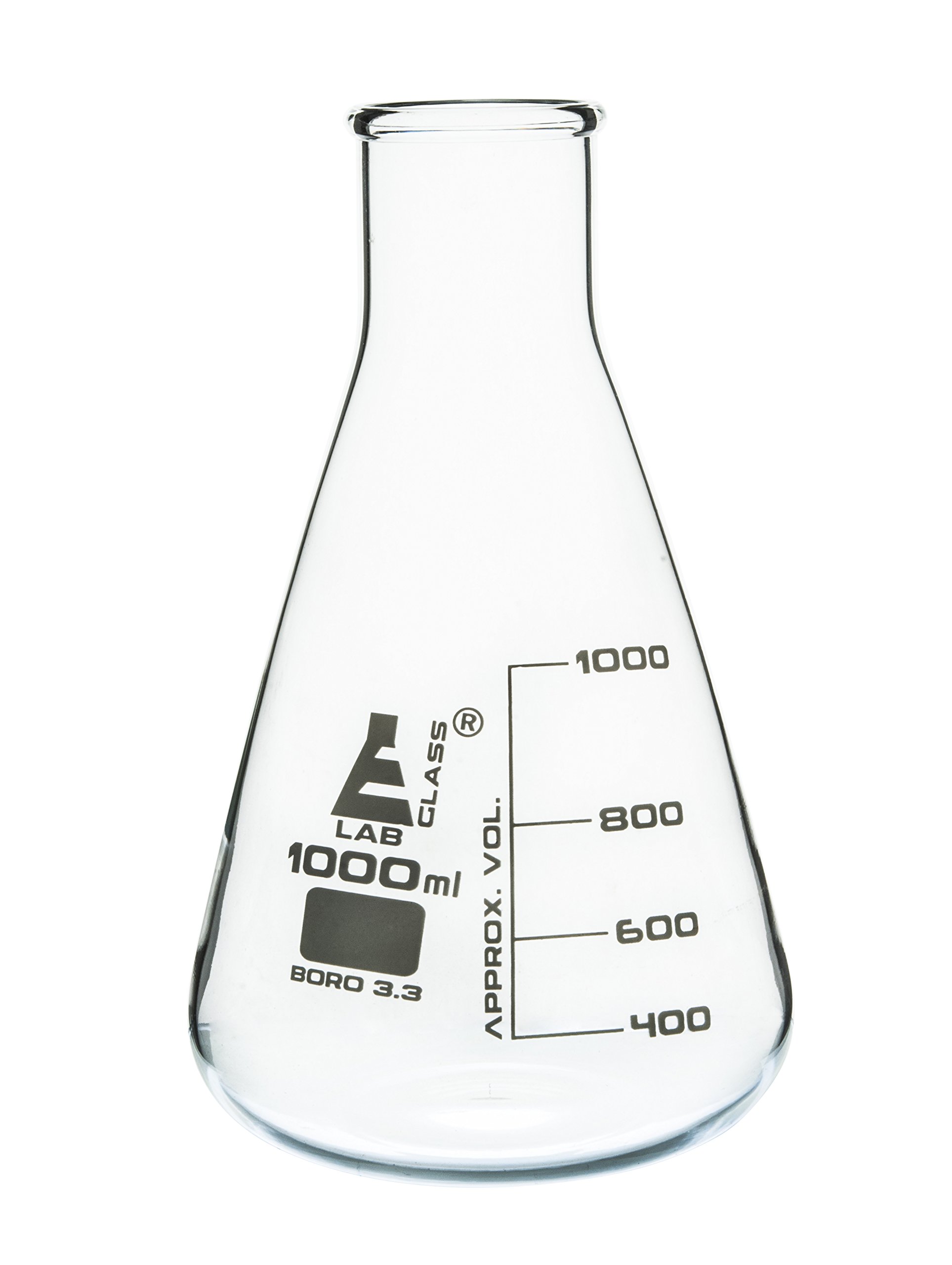Erlenmeyer Flask, 1000ml - Borosilicate Glass - Wide Neck, Conical Shape - White Graduations - Eisco Labs