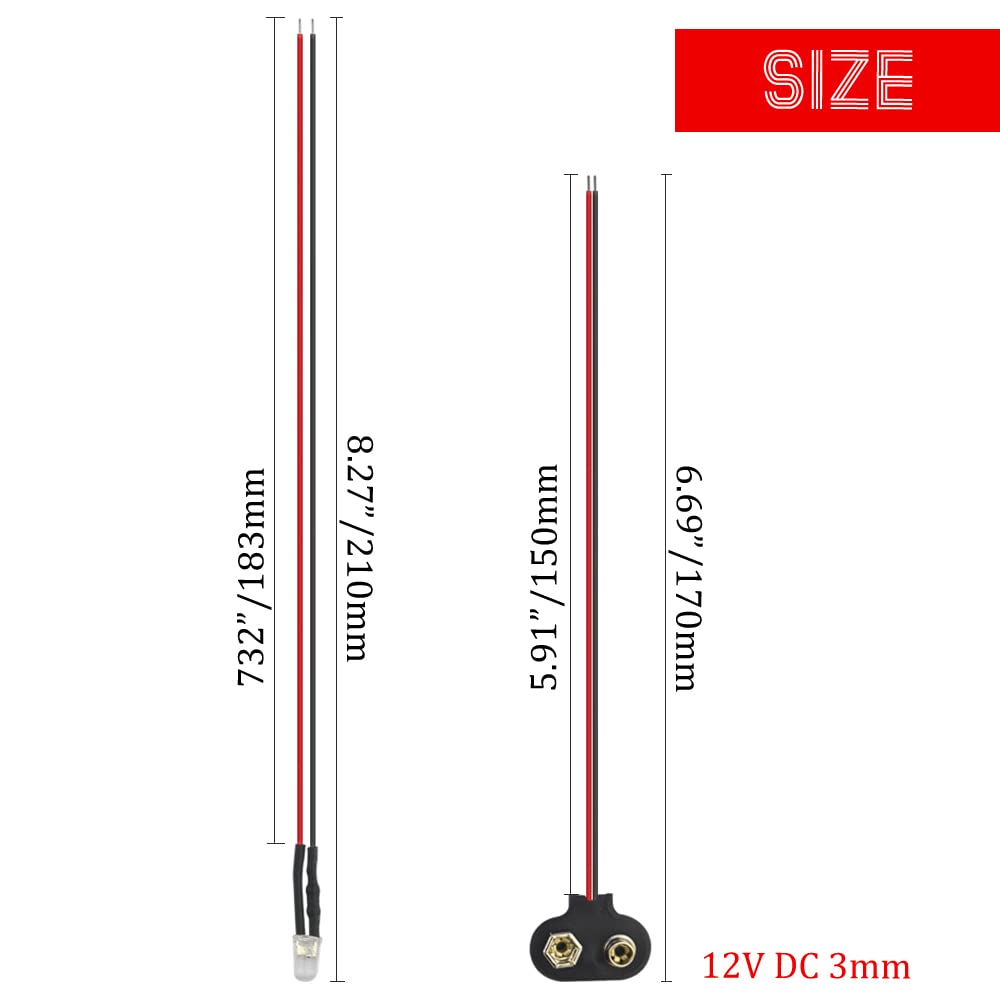 XINGYHENG 70Pcs 12V DC 5mm Pre Wired Light Emitting Diodes 7.1Inch Mixed Color(7 Colors x 10pcs)β+ 20pcs 5mm Lamp Holder+10 PCS 9V Battery Clip Connector