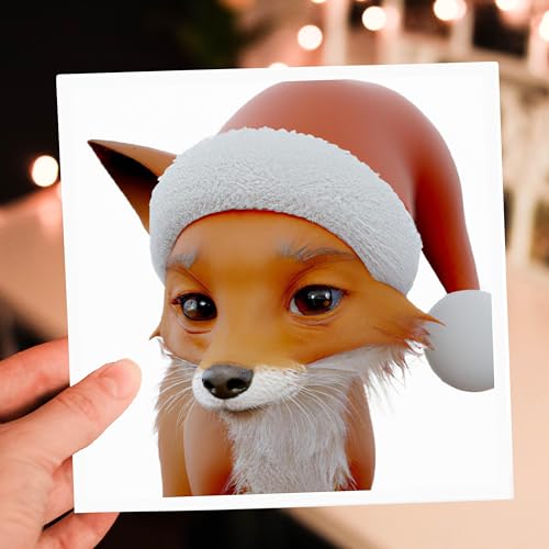 3dRose Greeting Card - Cute Christmas Fox Wearing Santa Hat - Digital Art - Fox Christmas