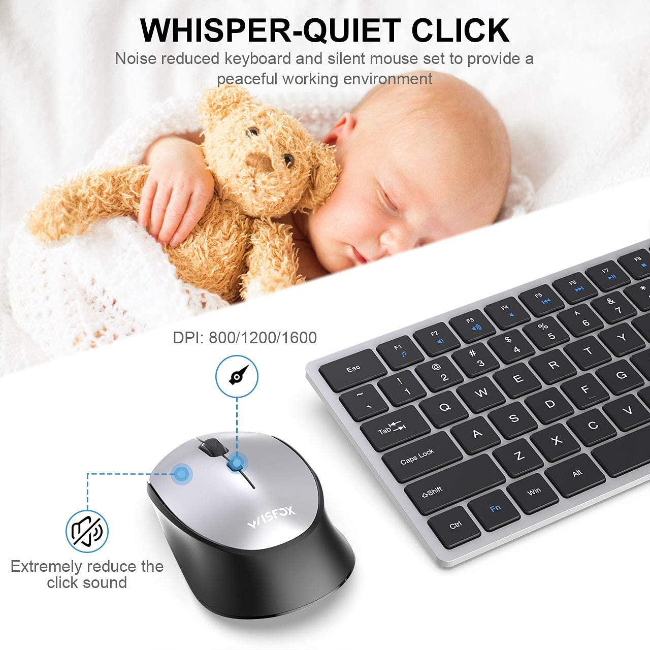 Wireless Keyboard and Mouse Combo, WisFox 2.4G Full-Size Slim Thin Wireless Keyboard Mouse for Windows, Computer, Desktop, PC, Laptop Mac (Silver and White)