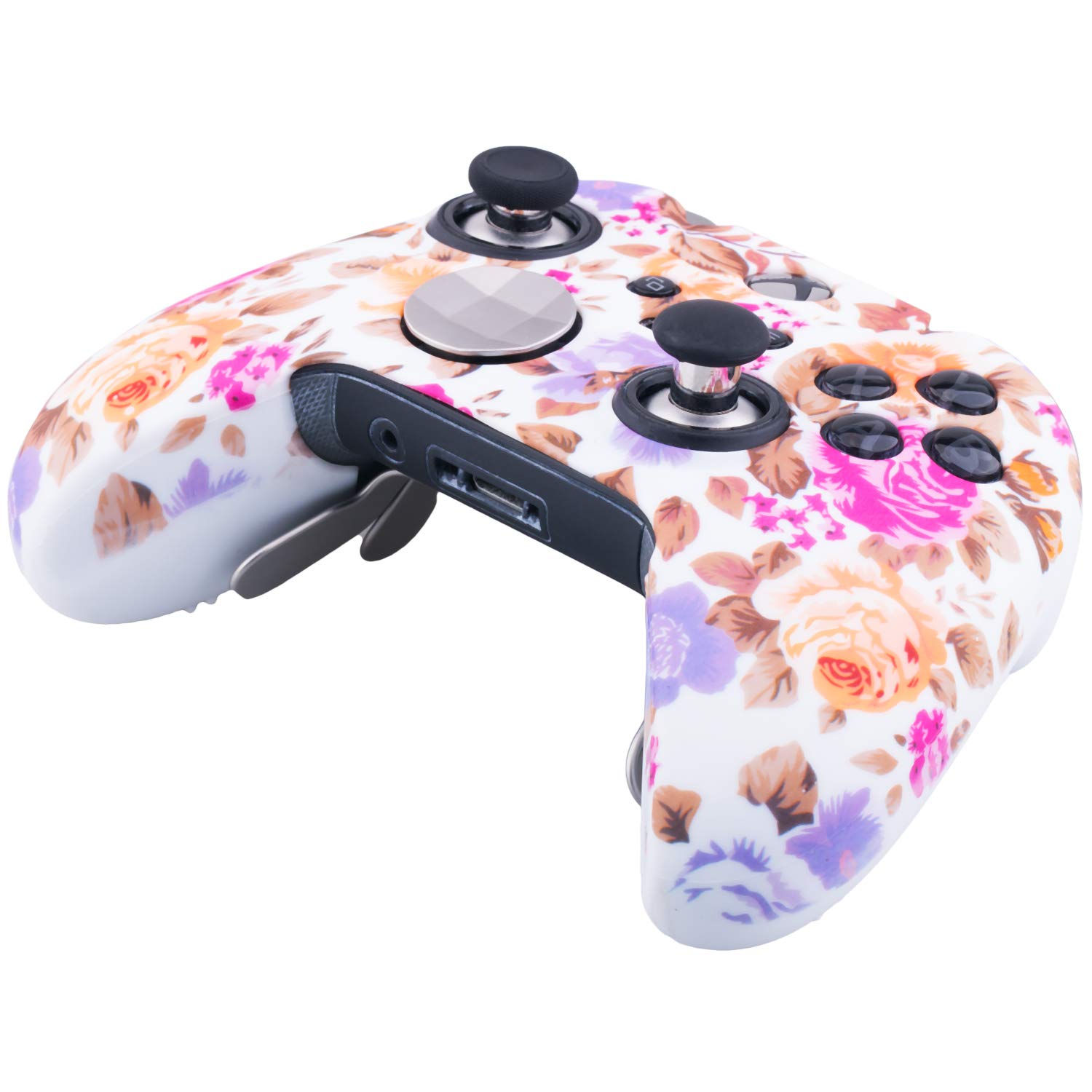 9CDeer 1 x Protective Customize Transfer Print Silicone Cover Skin Pink Flowers + 6 Thumb Grips Analog Caps for Xbox Elite Wireless Controller Compatible with Official Stereo Headset Adapter