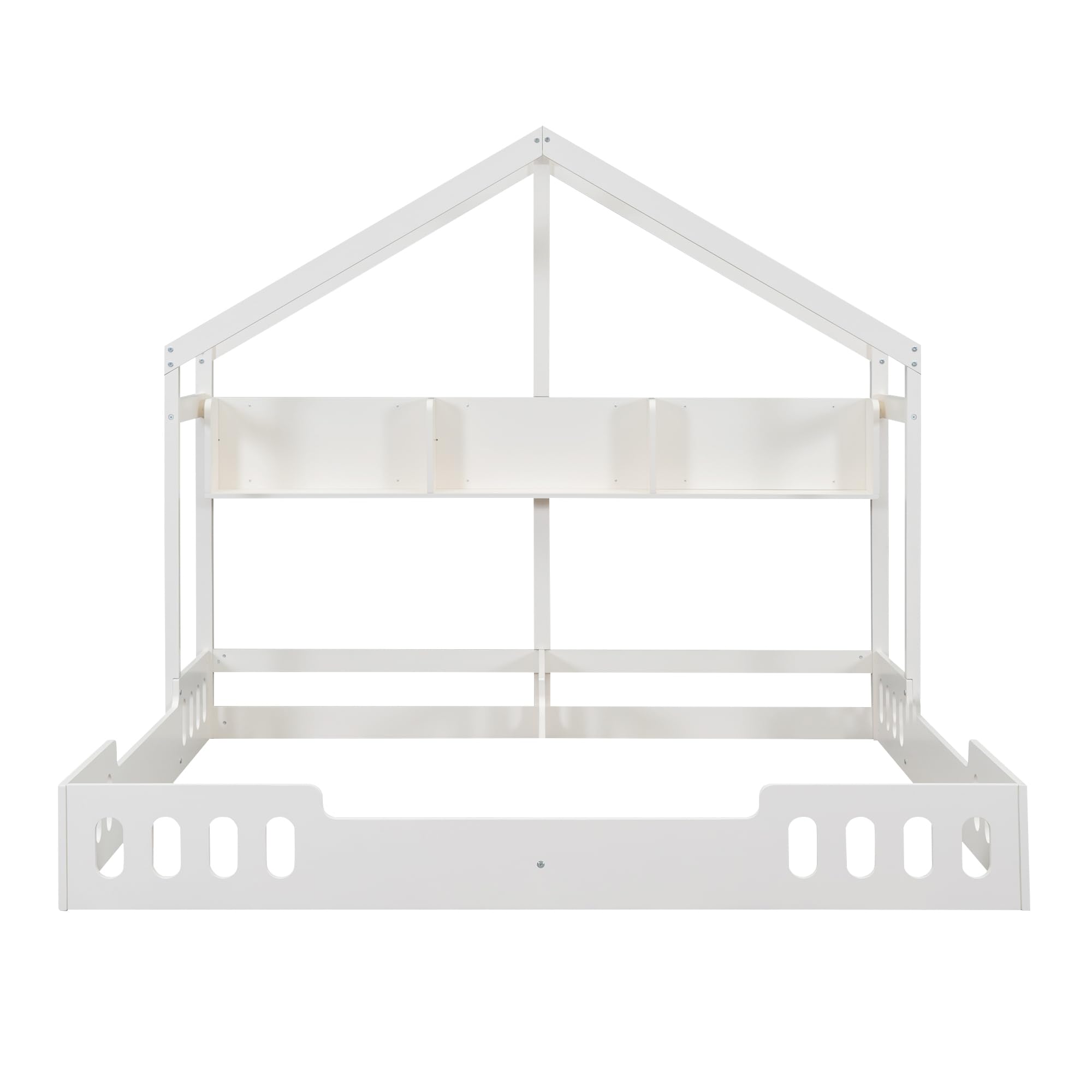 Harper & Bright Designs Twin House Bed for Kids,Wood Double Twin Beds Frame with Shelves and Guardrail, Monressori Floor Bed Two Shared Beds with Rails for Girls or Boys, Creamy White