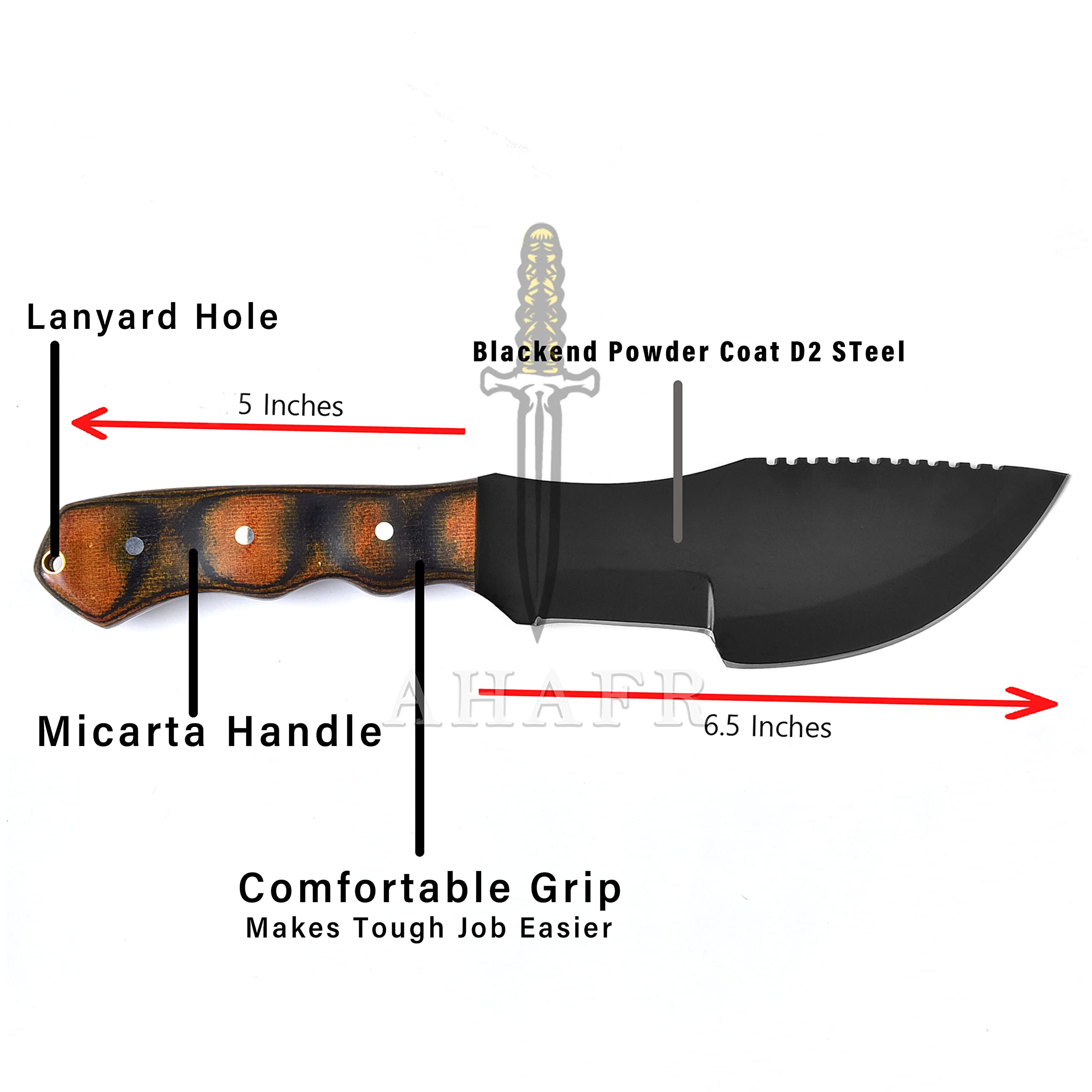 AHAFR DW-103-TK Tracker Knife 11.50" Handmade D2 Steel Tracker Knife Blackened Powder Coated Blade Micarta Handle With Leather Sheath For Hunting And Camping