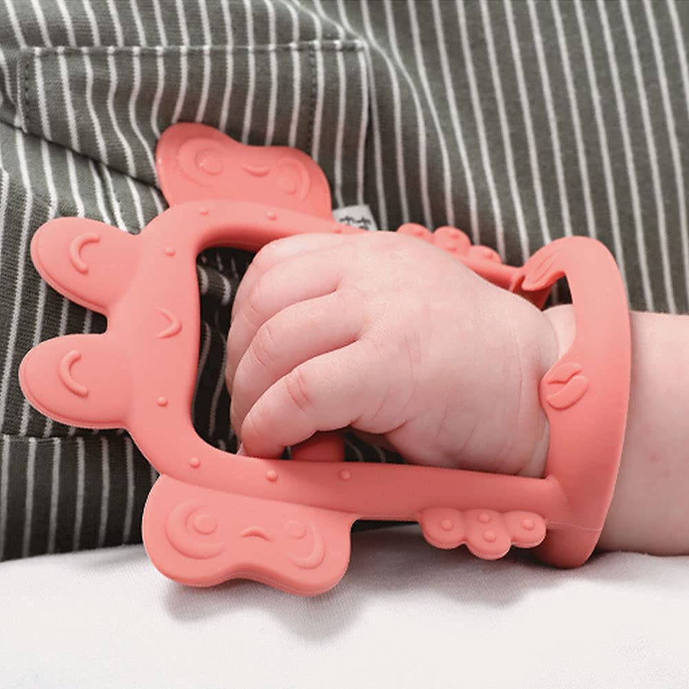 PETINUBE Baby Wrist Silicone Teether Soothing Pacifier for Infants 3+ Months Babies, Pack of 1, Made in Korea Anti-Dropping (Crab-Baby Coral)