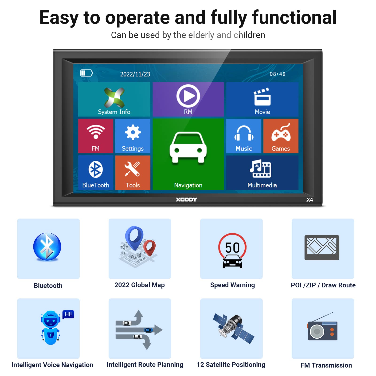 9inch Truck GPS Navigation for Car Big Touchscreen GPS Navigator Bluetooth AV-in Xgody 8GB ROM SAT NAV System Navigator Driving Alarm Lifetime map Updates