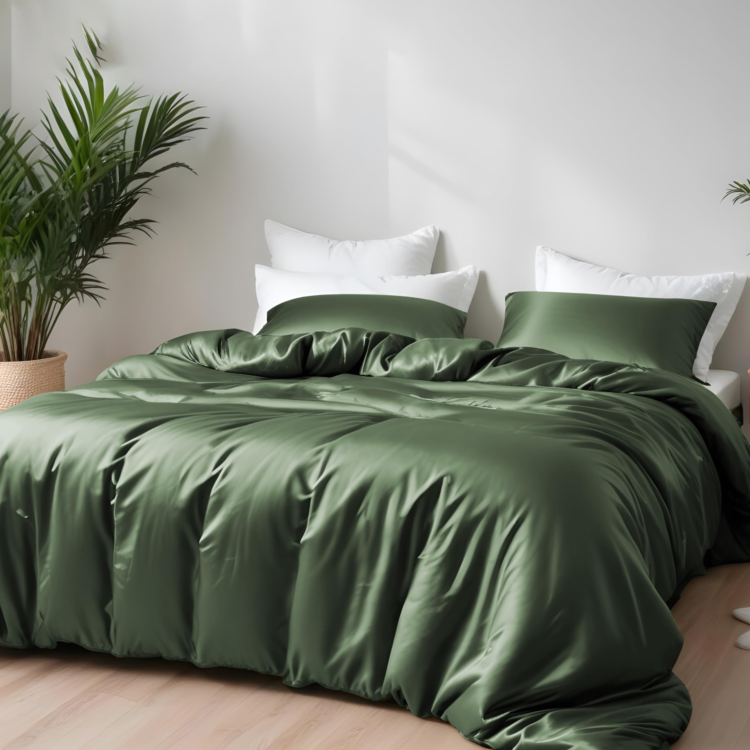 Linenwalas Duvet Cover Set King Size - Viscose Derived from Bamboo Soft, Breathable, Light Weight, Cooling Comforter Cover with Zipper Closure and Corner Ties (King, Avocado Green)