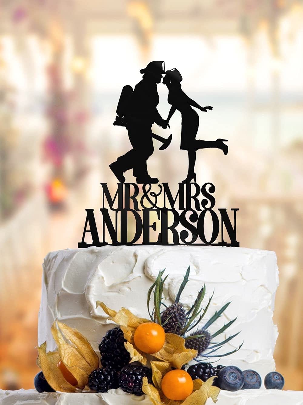 UTF4C Groom Fireman Bride Nurse Wedding Cake Topper, Silhouette Firefighter and Nurse Wedding Cake Topper, Silhouette Wedding Cake Topper, Acrylic Cake Topper Cake Insert, CTS058