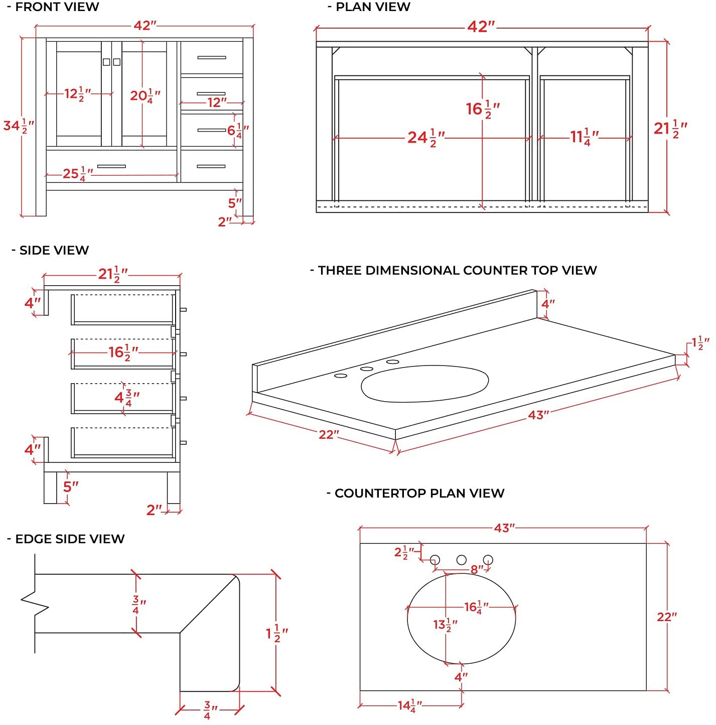 ARIEL 43" Grey Bathroom Vanity with 1.5" Edge Italian Carrara Marble Countertop & Backsplash, Left Oval Sink, 2 Soft Closing Doors, 5 Full Extension Dovetail Drawers, Toe Kick, Matte Black