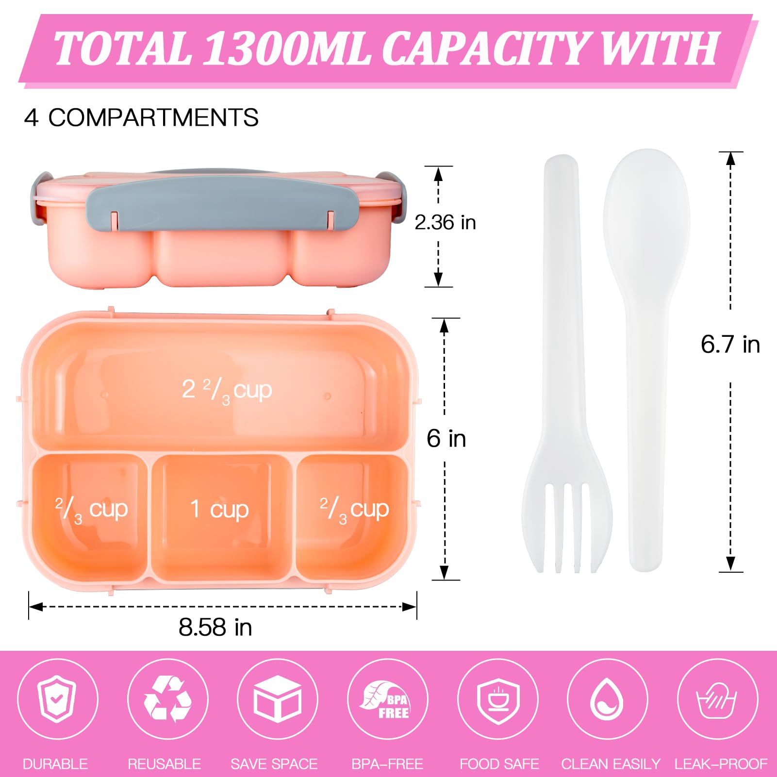 52Pcs Bento Box Lunch Box Kit, 1300ML Lunch Container for Kids/Adults/School, Durable Leak-proof Box 4 Compartments with Lunch Bag,Spoon,Fork,Accessories,for Dishwasher Refrigerator Microwave(Pink)