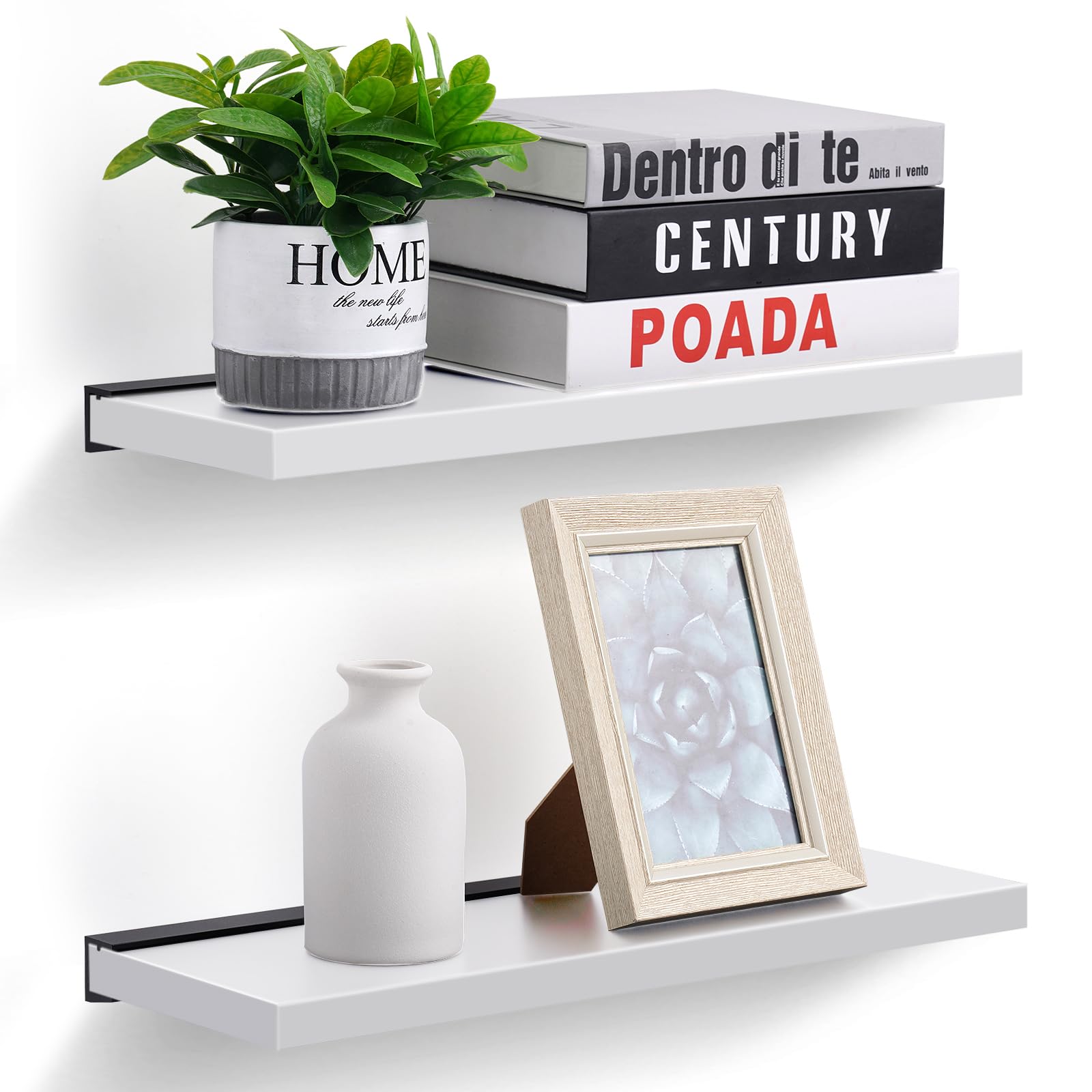Meangood Floating Shelves Wall Mounted Set of 2, 17 inch Natural Bamboo Wood Wall Storage Shelves for Bedroom,Living Room,Bathroom, Kitchen White