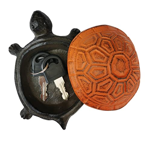 BSTGIFTS Cast Iron Turtle Key Hider - Spare Key Holder - Garden Decoration Turtle, Jewelry Trinkets Box for Key, Ear Studs, Ring, Paper Clip (Orange Red)