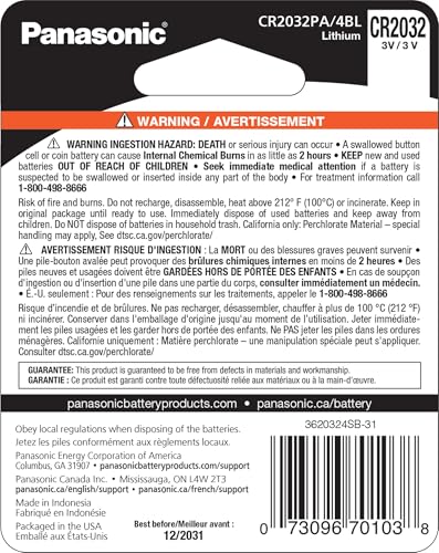Panasonic CR2032 3.0 Volt Long Lasting Lithium Coin Cell Batteries in Child Resistant, Standards Based Packaging, 4-Battery Pack