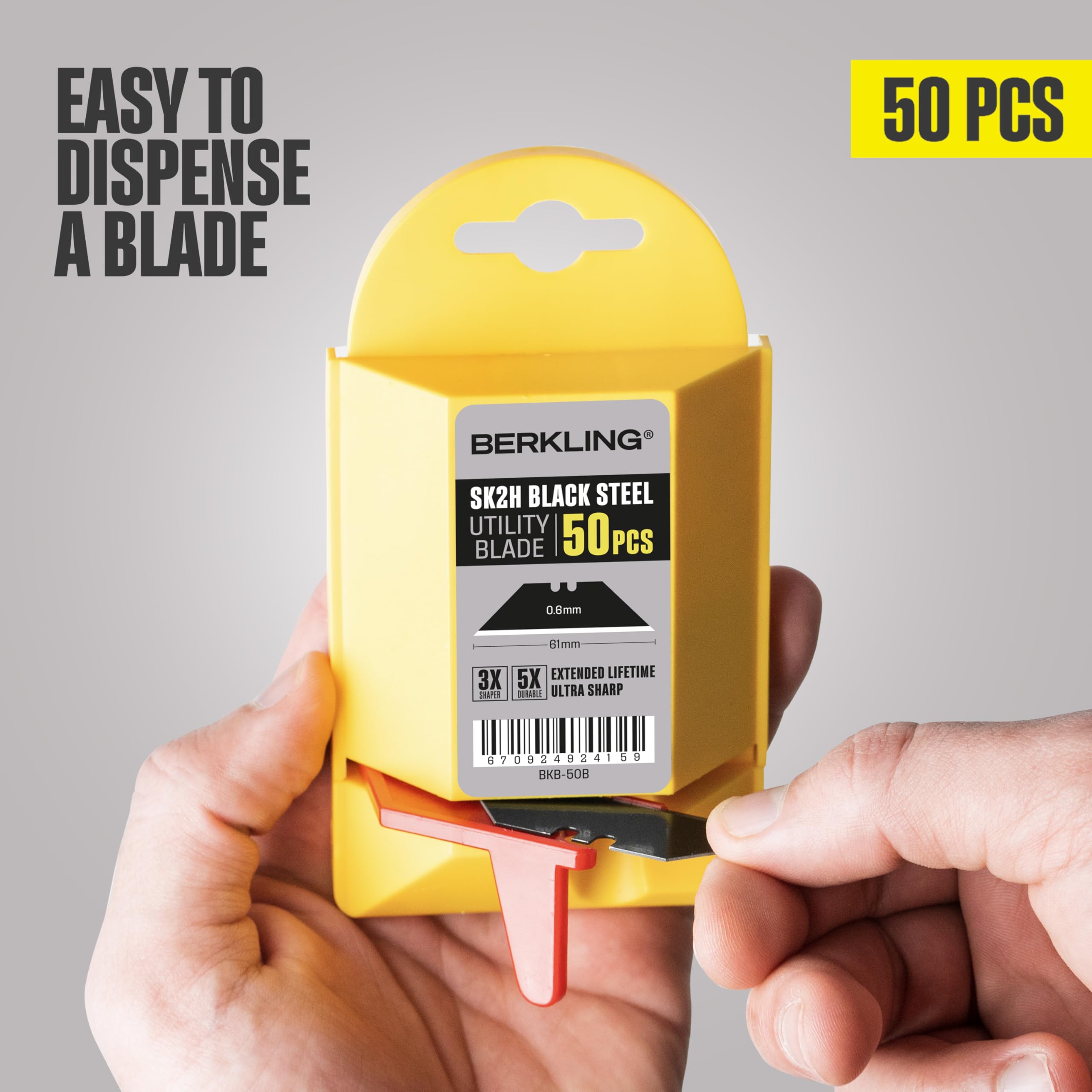 Berkling Utility Knife Blades 50 PCS With Dispenser, SK2H Laser Sharpened Hardened Black Carbon Steel, Ultra 3X Sharper, and 5X More Durable, Standard T-Shape Replacement Box Cutter Razor Blades