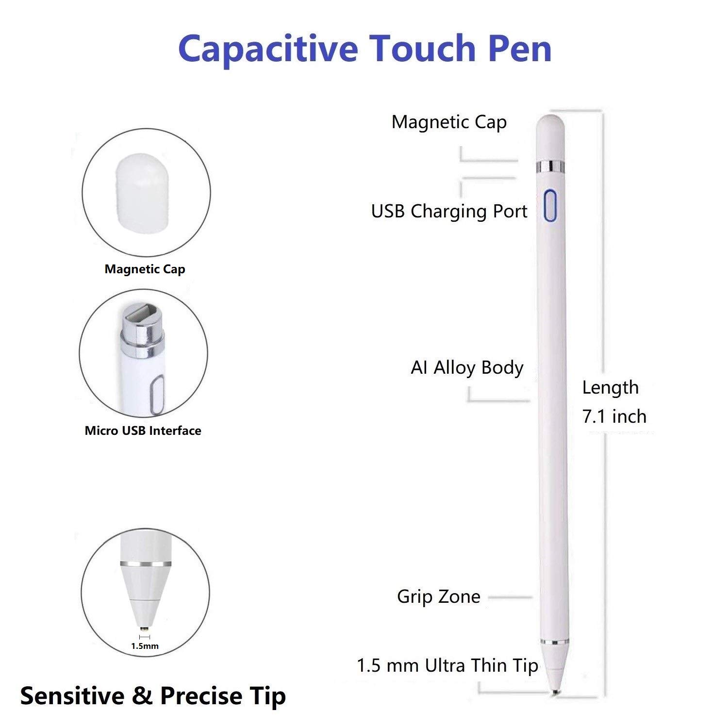 Stylus Pens for Touch Screens, Active Digital Pencil Compatible with iPad/iPad Pro/Air/Mini/iPhone/Other Tablet Drawing&Writing (White)