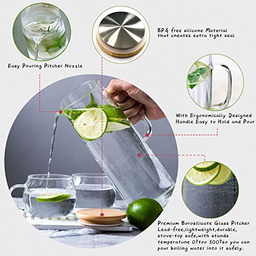 hjn Glass Water Pitcher with Wood Lid Water Carafe with Handle - Fridge Glass Jug for Hot/Cold Water & Iced Tea Beverage, juice,Milk-1500ml /1.5litersā¦