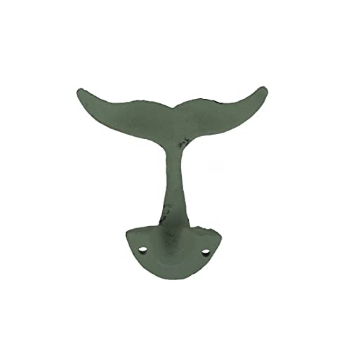 Set of 4 Verdigris Green Cast Iron Decorative Whale Tail Wall Hooks Coastal Decor 5 Inches Long