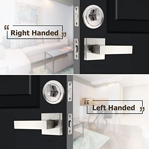 Azdele Satin Nickel Front Door Handle with Deadbolt and Lever Set, Modern Front Door Lock Set, Door Handle with Single Cylinder Deadbolt for Exterior Door, Reversible for Right&Left Handed