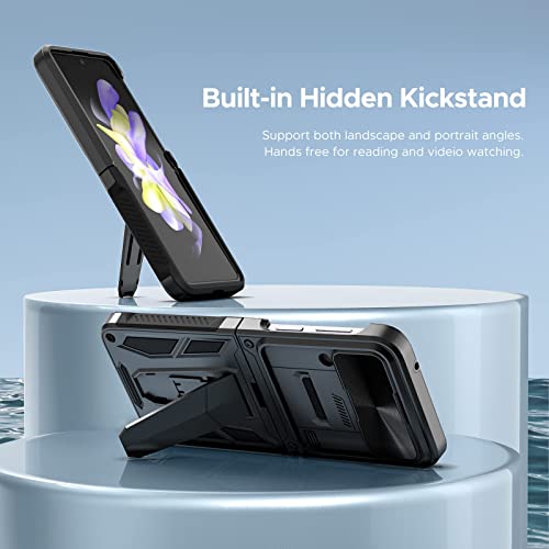 CASESTAR Military Armor Series Case for Samsung Galaxy Z Flip 4 / Z Flip 3,Build-in Kickstand & Camera Protection Sliding Cover - (Metallic Black)