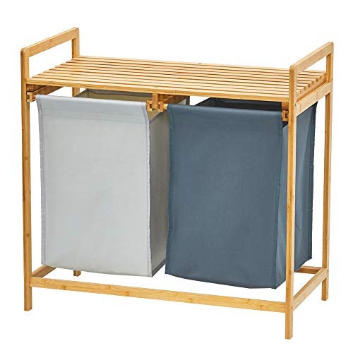 WORTHYEAH Bamboo Laundry Hamper and Shelf, Dual Compartments Laundry Basket with Removable Bag, 2 Sections Laundry Organizer and Storage, Wooden Bamboo Laundry Sorter