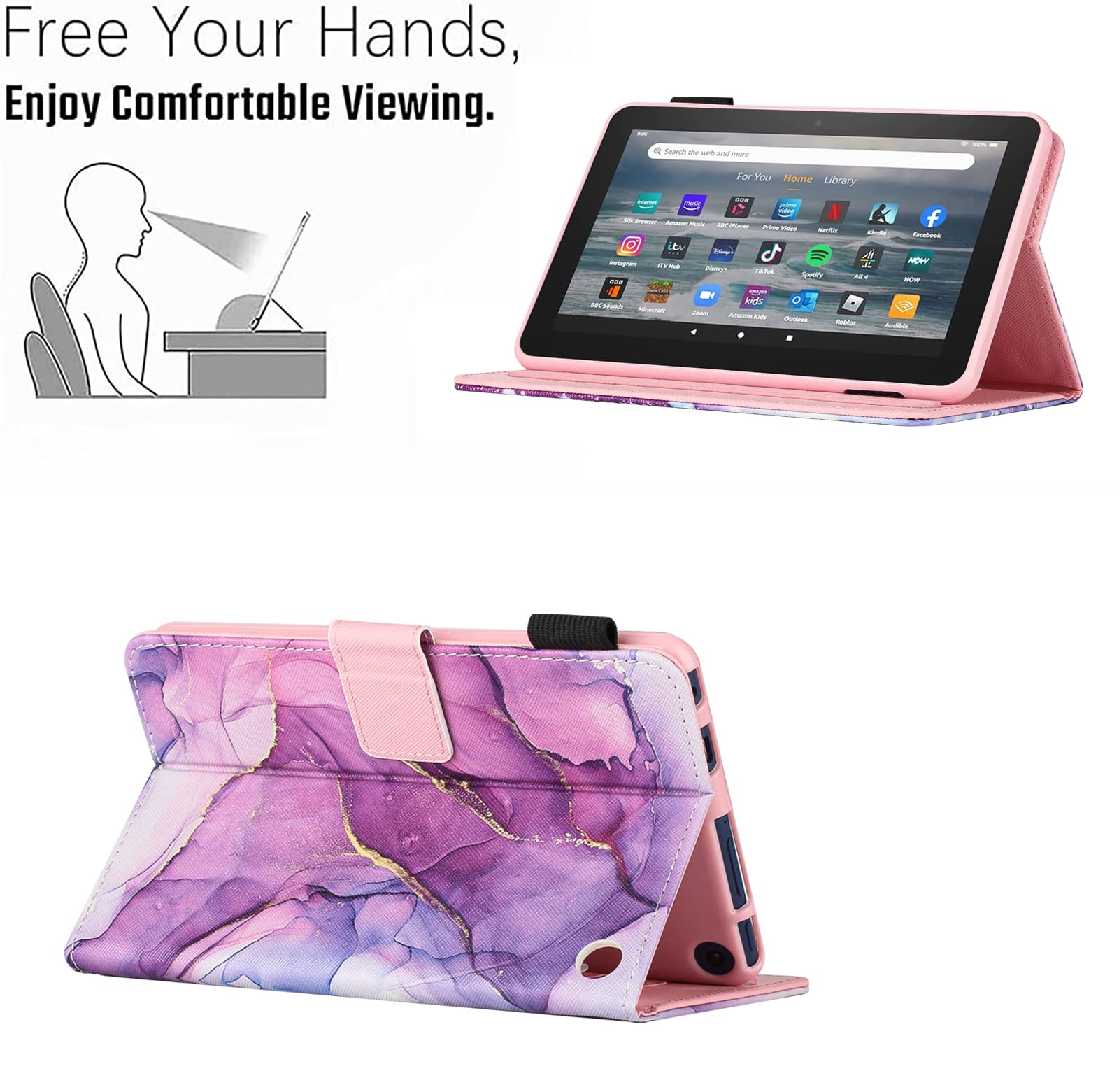 AKHIOK Case for All-New Amazon Fire 7 Tablet (Only fit 12th Generation, 2022 Release), Fire 7 Tablet Case, Premium PU Leather Stand Cover with Smart Auto Wake/Sleep, Purple Marble