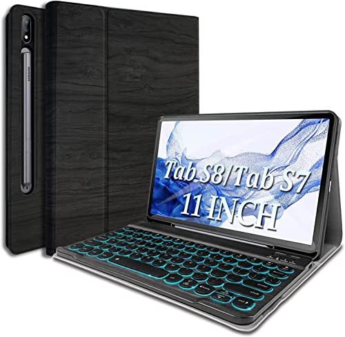 REAL-EAGLE Galaxy Tab S8 2022/ S7 2020 11 Inch Backlit Keyboard Case, 7 Color Backlight Detachable Wireless Keyboard with Filo Case Fit Samsung Galaxy Tab S8/ S7 SM-X700/X706/T870/T875/T876,Black