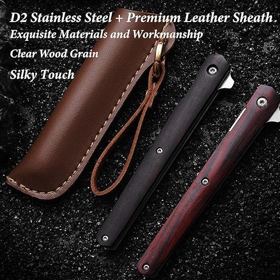 Kitory 4" Folding Pocket Knife, Small EDC Knife with Clip and Leather Sheath, Gift for Men, Dark Red wood handle 2023 Gifts For Women and Men