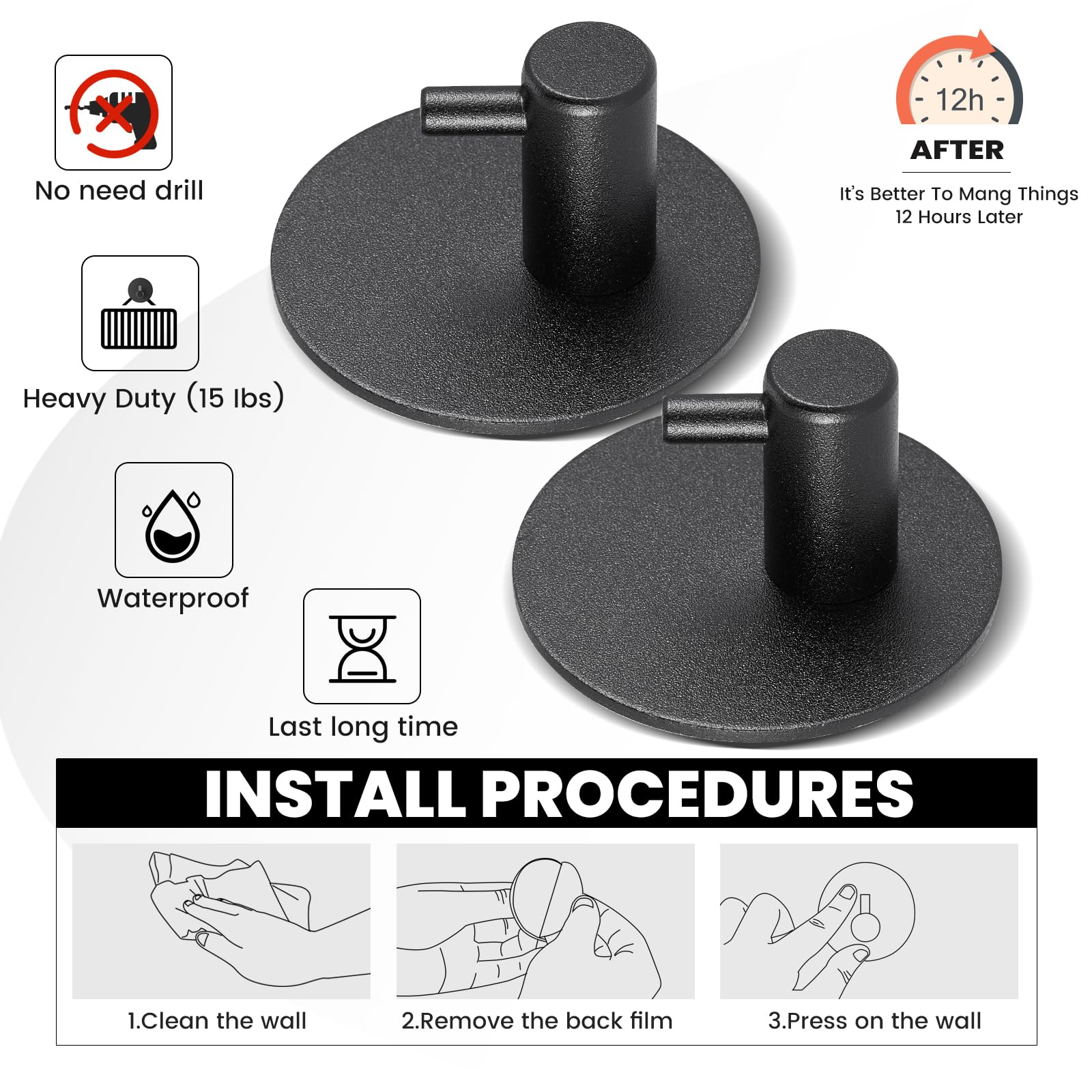 PIPUHA 2Pack Adhesive Towel Hooks, Black Matte Command Towel Hook Heavy Duty Waterproof Stainless Wall Hooks for Bathroom, Kitchen, Hotel, Pool, Coats