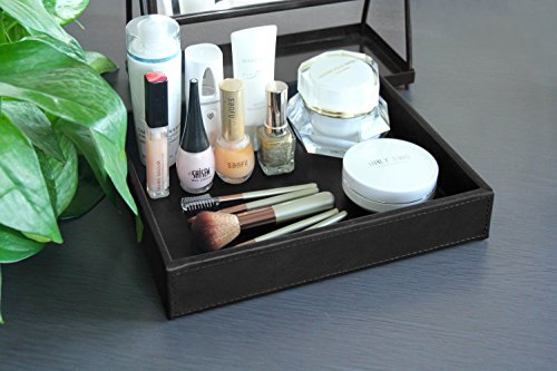 HofferRuffer Faux Leather Vanity Tray, Elegant Desktop Storage Organizer, Decorative Catchall Perfume Tray, Bathroom Valet Tray, Nightstand or Dresser Organizer, Black, 10.2 x 8.4 x 1.8 inches