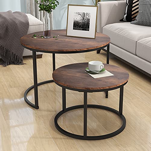 HOJINLINERO Industrial Round Coffee Table Set of 2 End Table for Living Room,Stacking Side Tables, Sturdy and Easy Assembly,Wood Look Accent Furniture with Metal Frame,Black+Rustic Brown