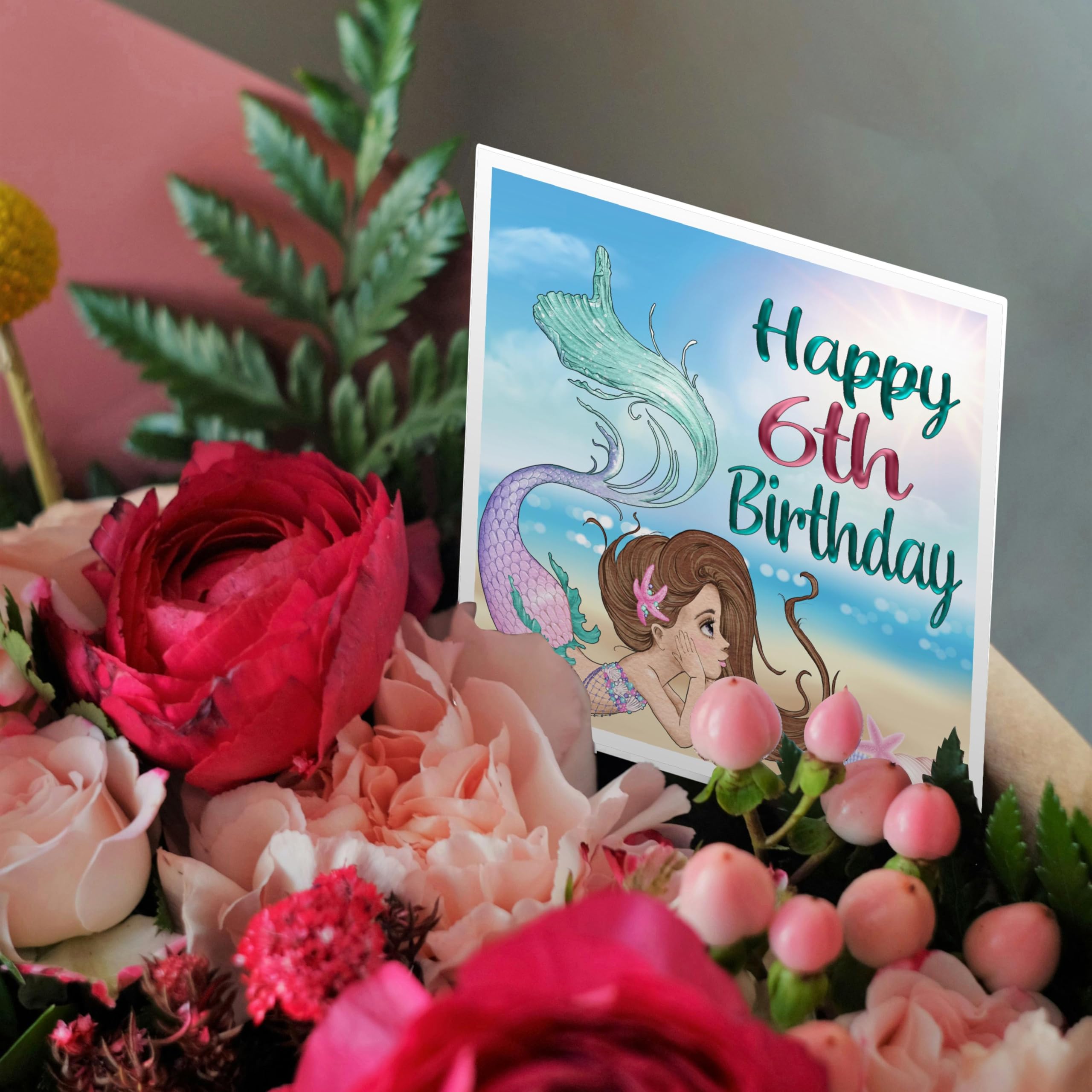 3dRose Greeting Card - Happy 6th Birthday Pretty Brunette Mermaid On The Beach - Happy Birthday
